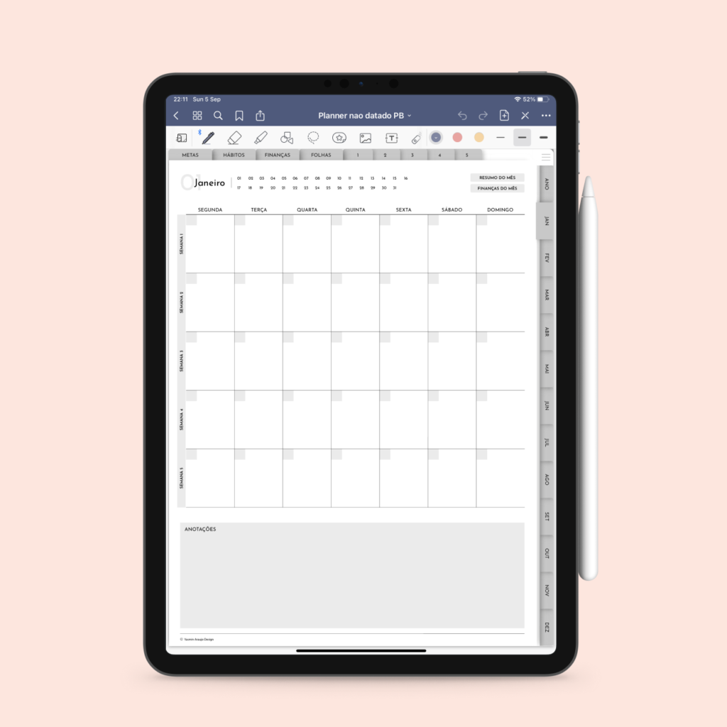 Planner Digital PB - Não Datado para iPad e Tablet | Yasmin Araujo