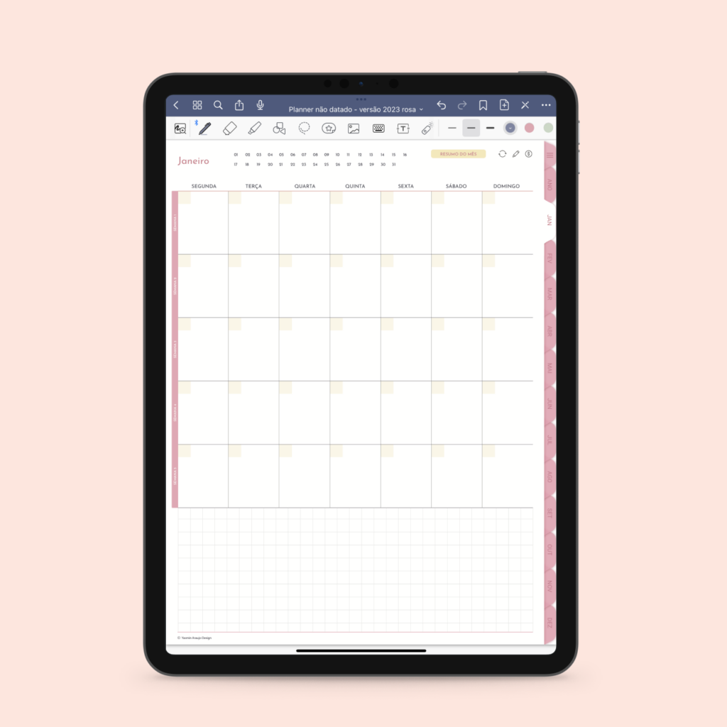 Planner Digital Não Datado - Rosa para iPad e Tablet | Yasmin Araujo