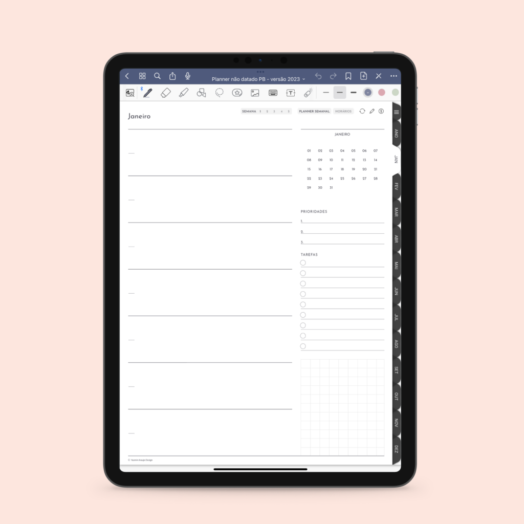 Planner Digital Não Datado - PB para iPad e Tablet | Yasmin Araujo